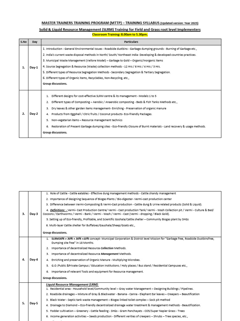 SLRM - MTTP - 10 days Training Schedule | PDF | Municipal Solid Waste ...