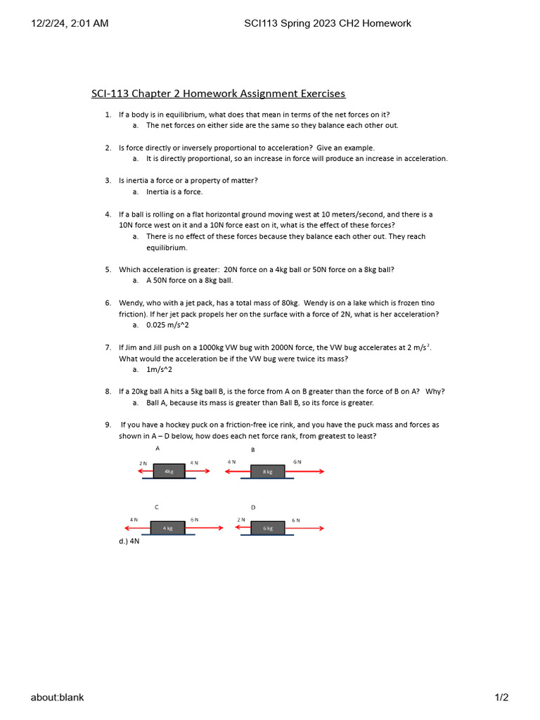 SCI-113 Chapter 2 Homework Exercises | PDF | Force | Mechanics