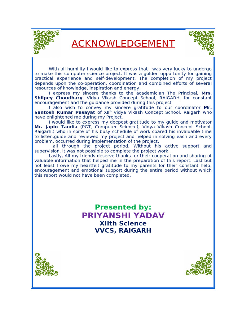 Acknowledgment for Project at VVCS Raigarh | PDF