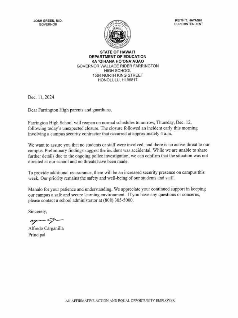 Farrington High Letter To Parents - Dec. 11, 2024 | PDF