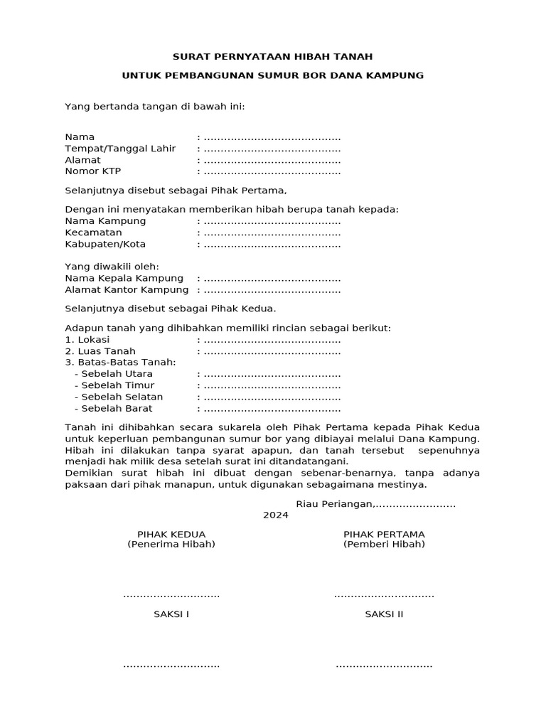 Surat Hibah Tanah Sumur Bor | PDF