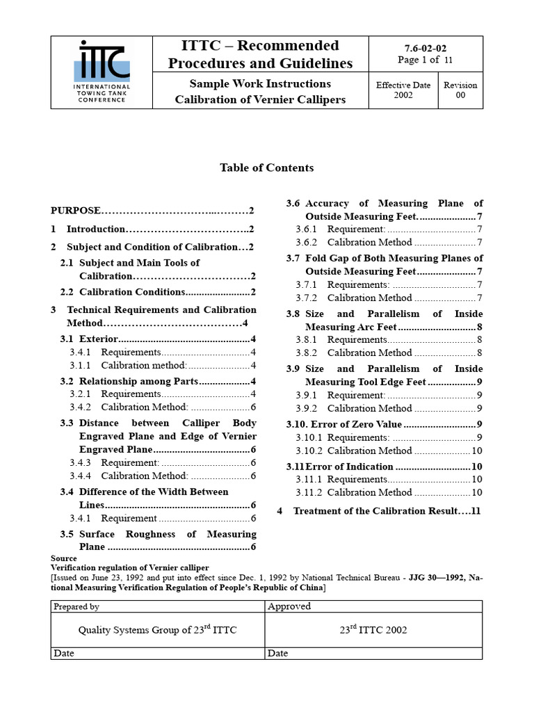 ITTC - Recommended Procedures and Guidelines: Sample Work Instructions Calibration of Vernier ...