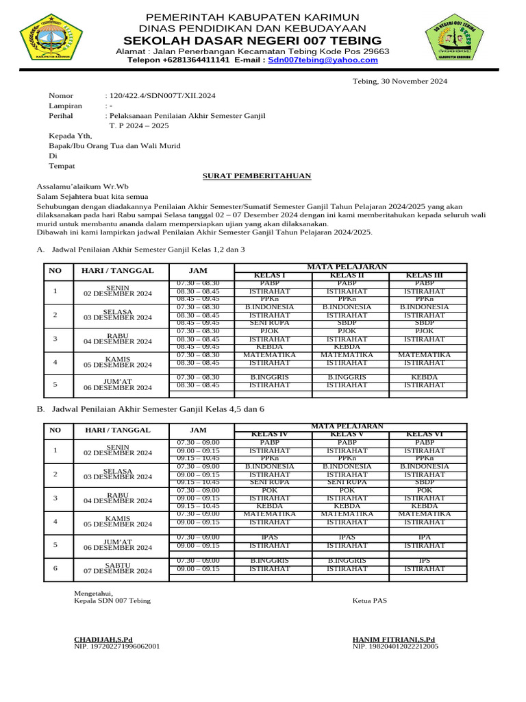 Jadwal Penilaian Akhir Semester Genap Tp. 2023-2024 | PDF