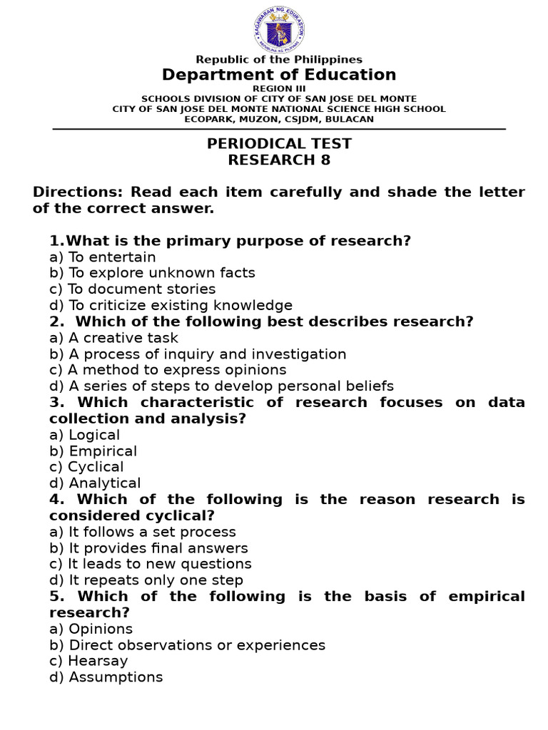 Research 8 Periodical Test Questions | PDF | Experiment | Institutional ...