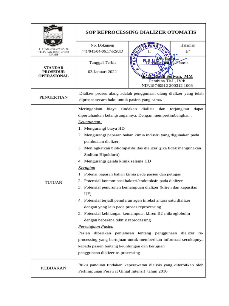 SOP Dializer Otomatis RSUD | PDF