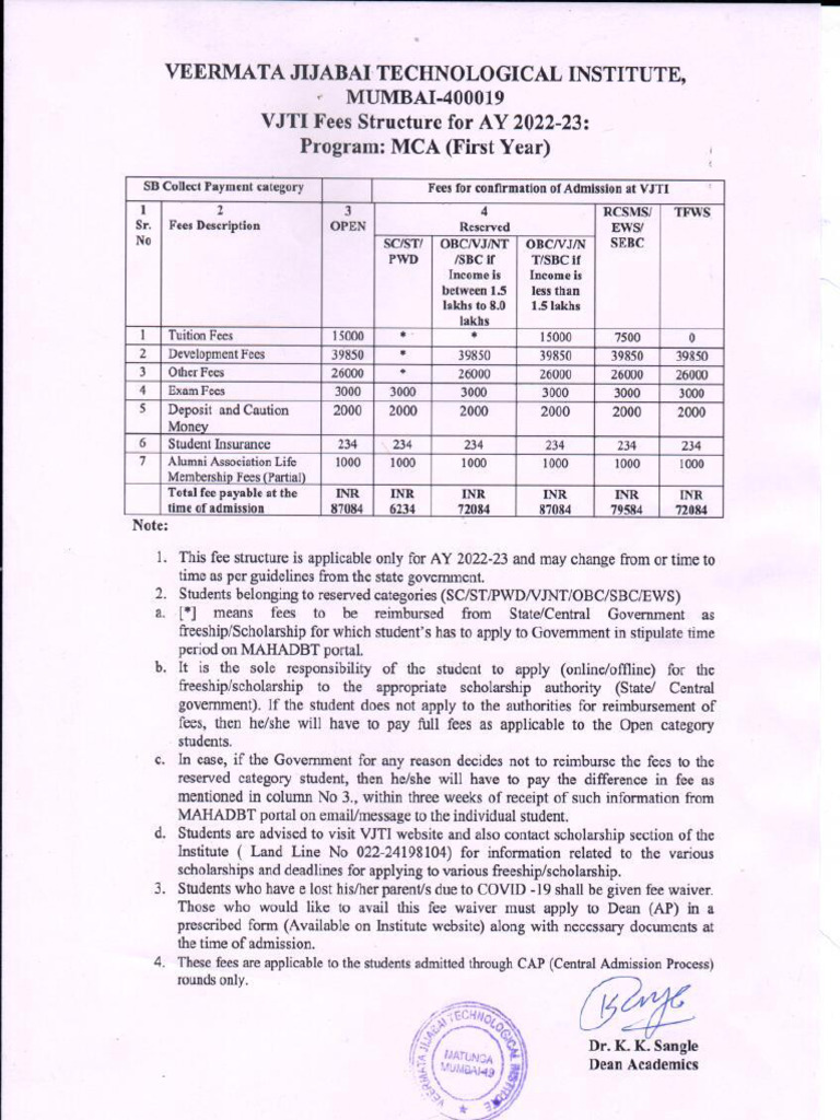 First Year MCA Fee Structure | PDF