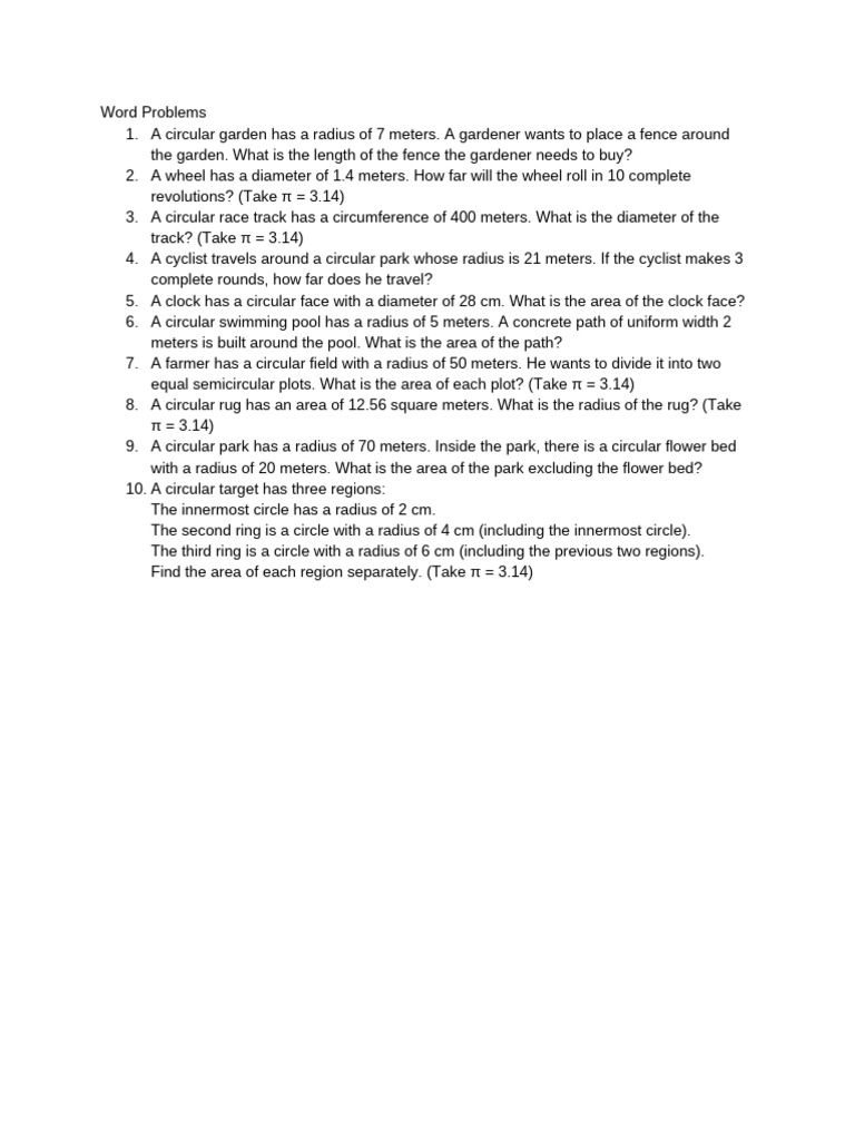 Circular Geometry Word Problems | PDF