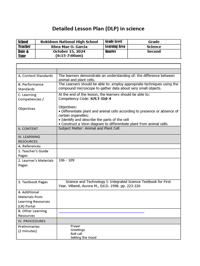 Detailed Lesson Plan - Animal and Plant Cell | PDF | Cell (Biology ...