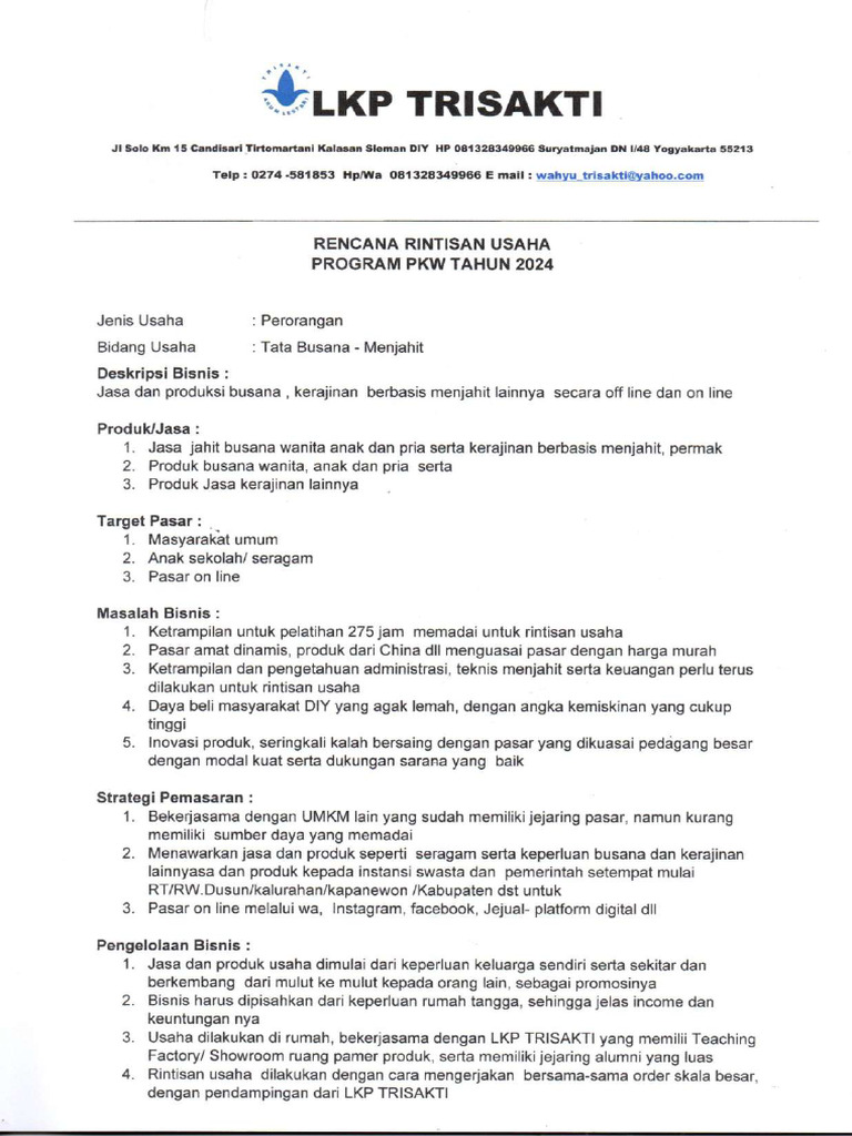 Business Plan PKW 2024 LKP Ttrisakti | PDF