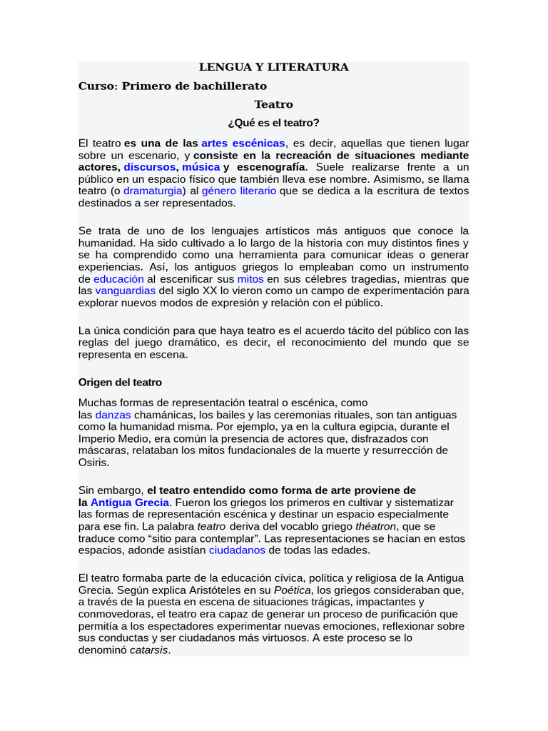 Lengua y Literatura - Teatro y Drama - 1ro de Bachillerato | PDF | Teatro