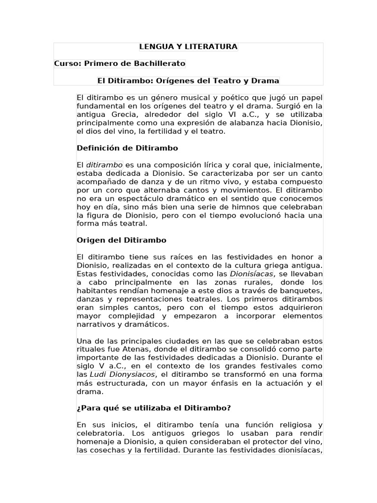 Lengua y Literatura El Ditirambo 1ro de Bachillerato | PDF | Teatro | Bailes