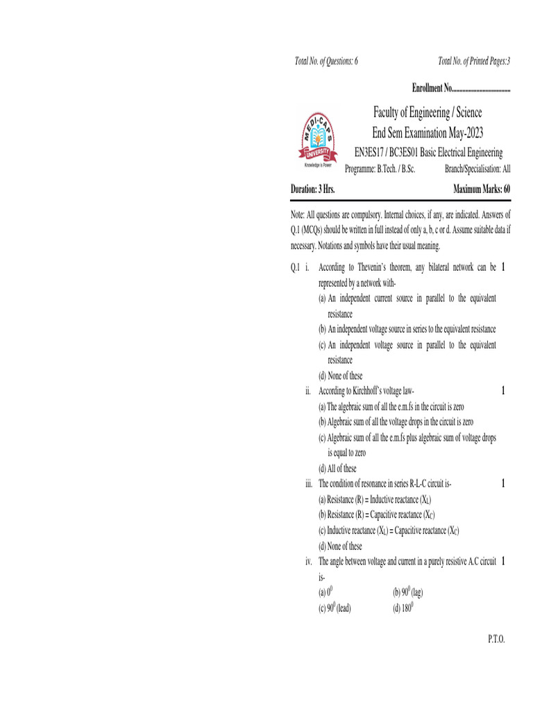 Basic Electrical Engineering Exam | PDF | Transformer | Capacitor