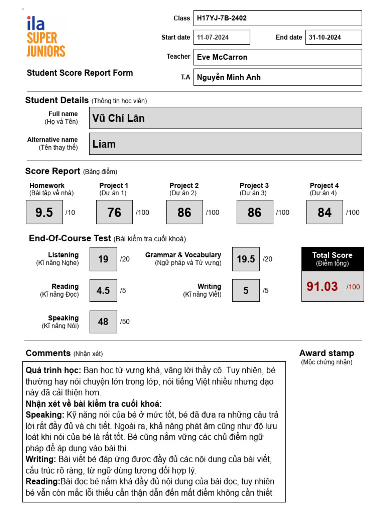 J7B - Test Score - Chí Lân | PDF