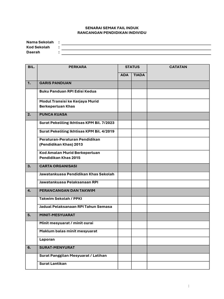 Senarai Semak Fail Induk Rpi | PDF