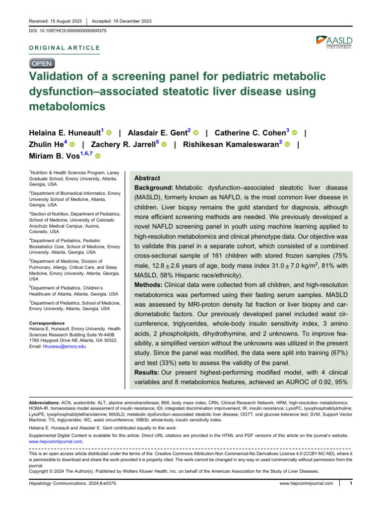 2024 Validation of A Screening Panel For Pediatric MASLD Using ...