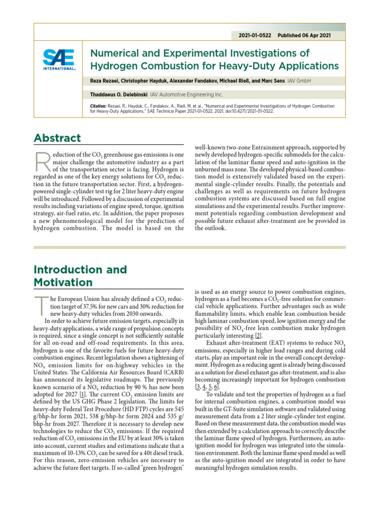 1.numerical and Experimental Investigations of Hydrogen Combustion For Heavy Duty Appliaction ...