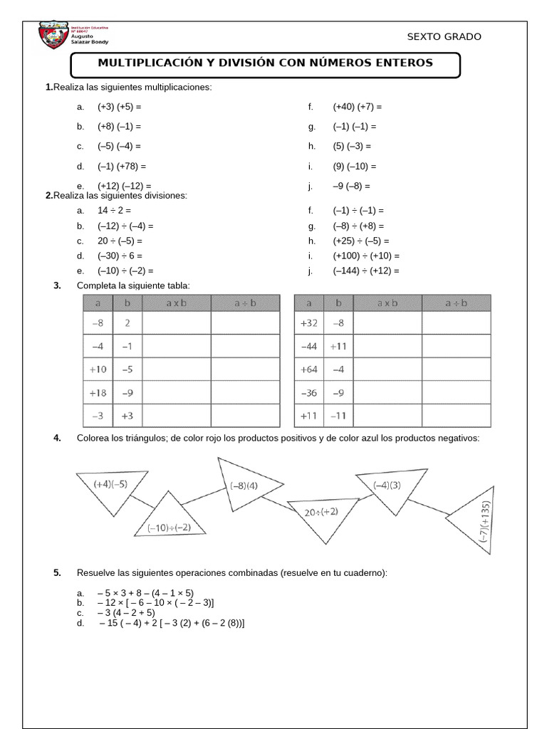 Ficha Mate-Multiplicación y División Números Enteros | PDF