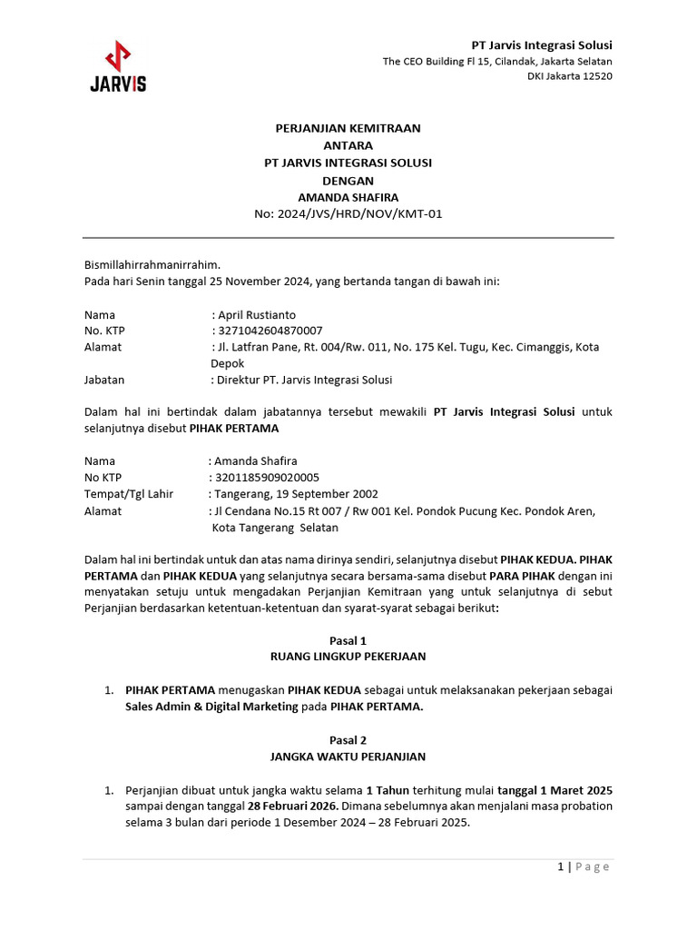 No: 2024/JVS/HRD/NOV/KMT-01: PT Jarvis Integrasi Solusi | PDF