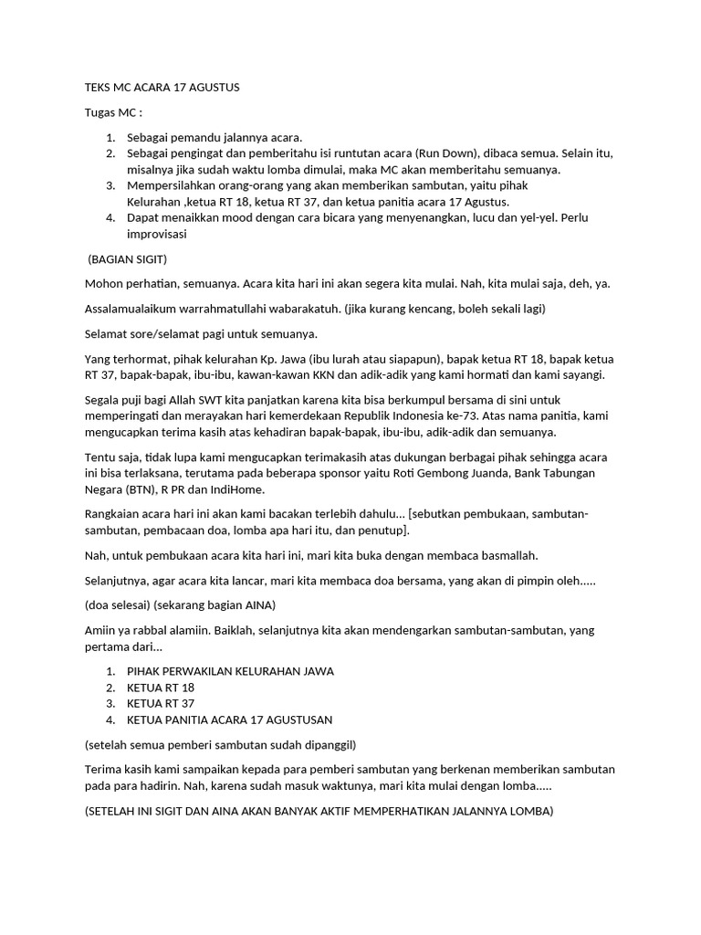 Teks MC Acara 17 Agustus | PDF