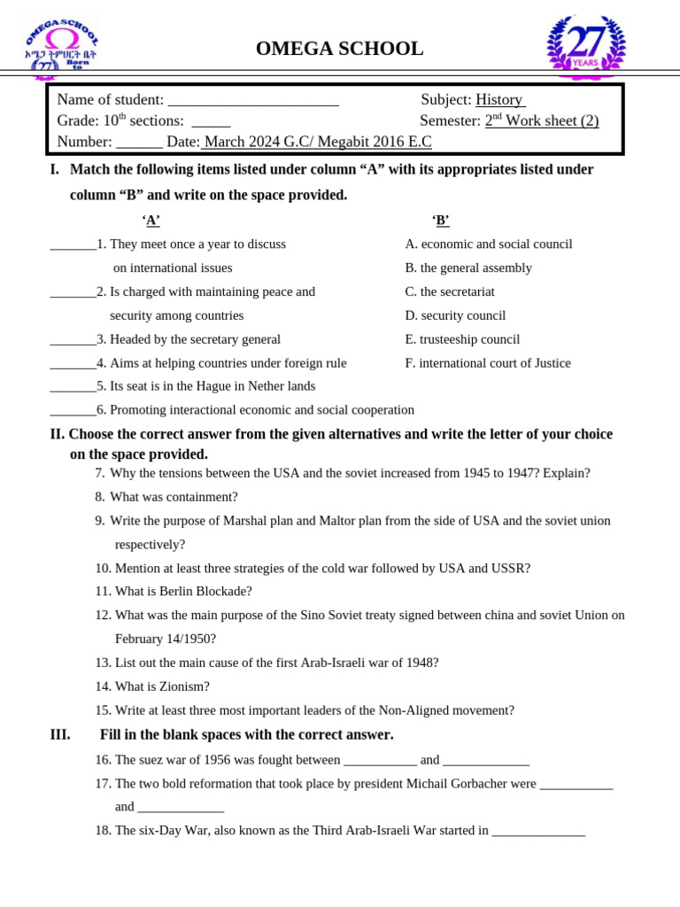 G-10 History Second Semester ws-2 | PDF | Kuomintang | Cold War