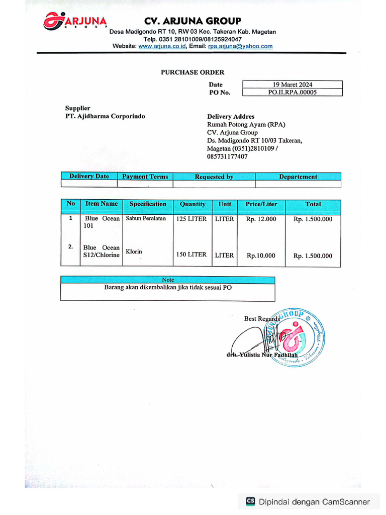 form PO Bulan Maret CV.Arjuna Group | PDF