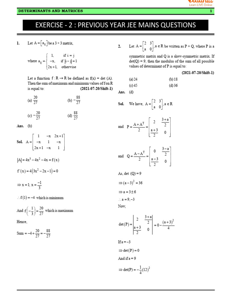 Determinants and Matrices EX-2 | PDF | Determinant | Matrix (Mathematics)