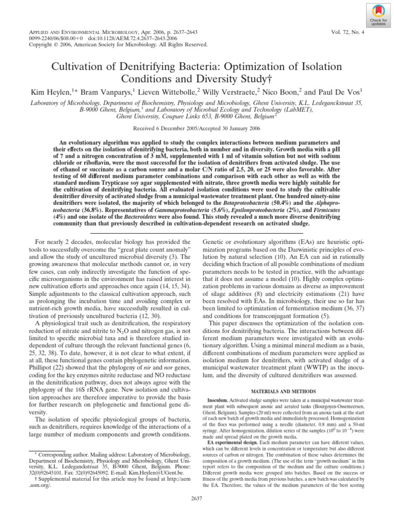 Heylen Et Al 2006 Cultivation of Denitrifying Bacteria Optimization of Isolation Conditions and ...
