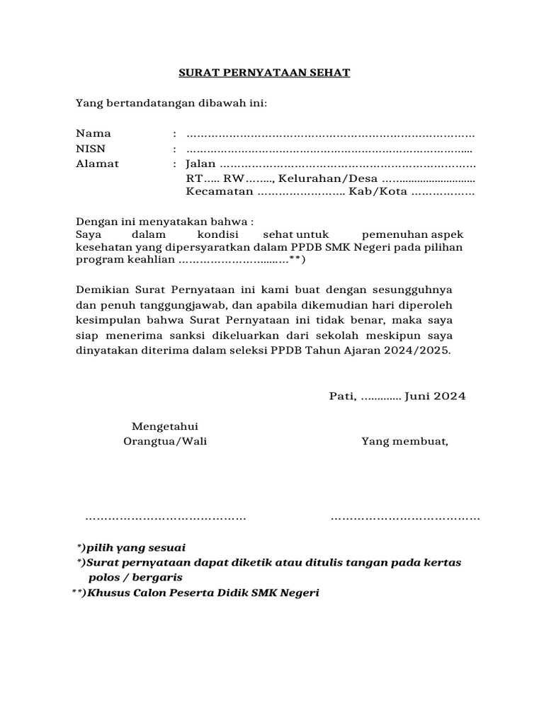 Contoh Surat Pernyataan Sehat | PDF