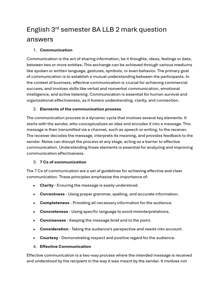 English 3rd Semester BA LLB 2 Mark Question Answers | PDF | English ...