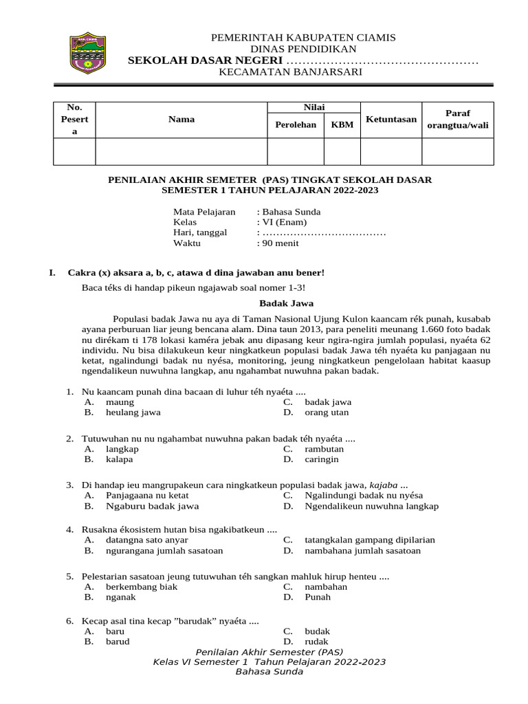 Soal Pas Bahasa Sunda Kelas 6 | PDF
