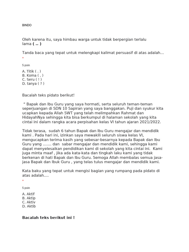 Soal BINDO Online | PDF