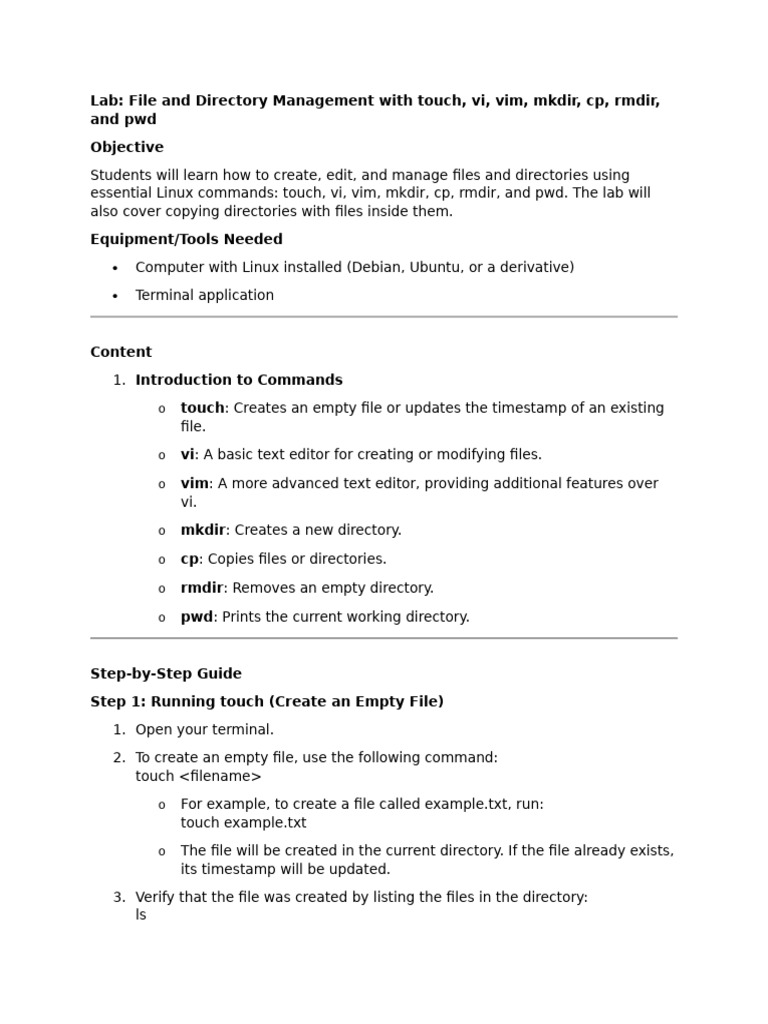 Lab File Management With Touch, Vi, Vim, Mkdir, CP, Rmdir, and PWD | PDF | Computer File | Text File