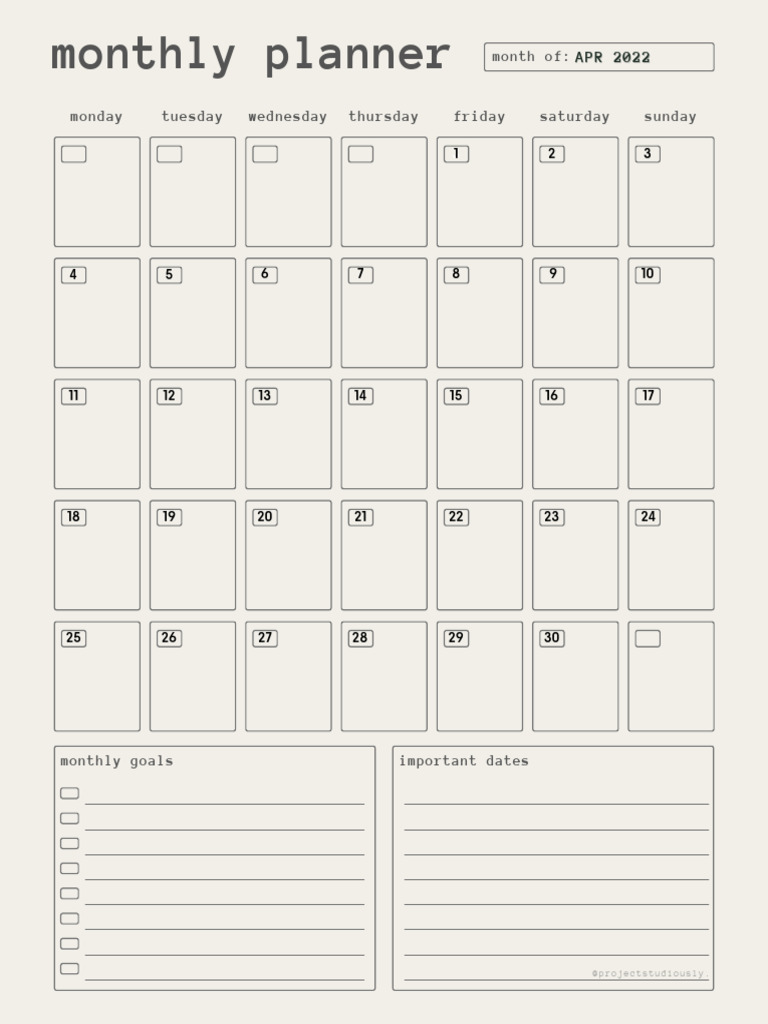 March 2022 (Lowercase) Monthly Planner - Beige | PDF