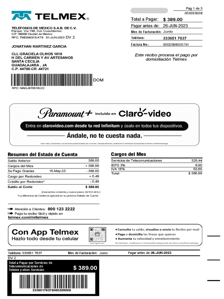 TELMEX Recibo-Jun | PDF