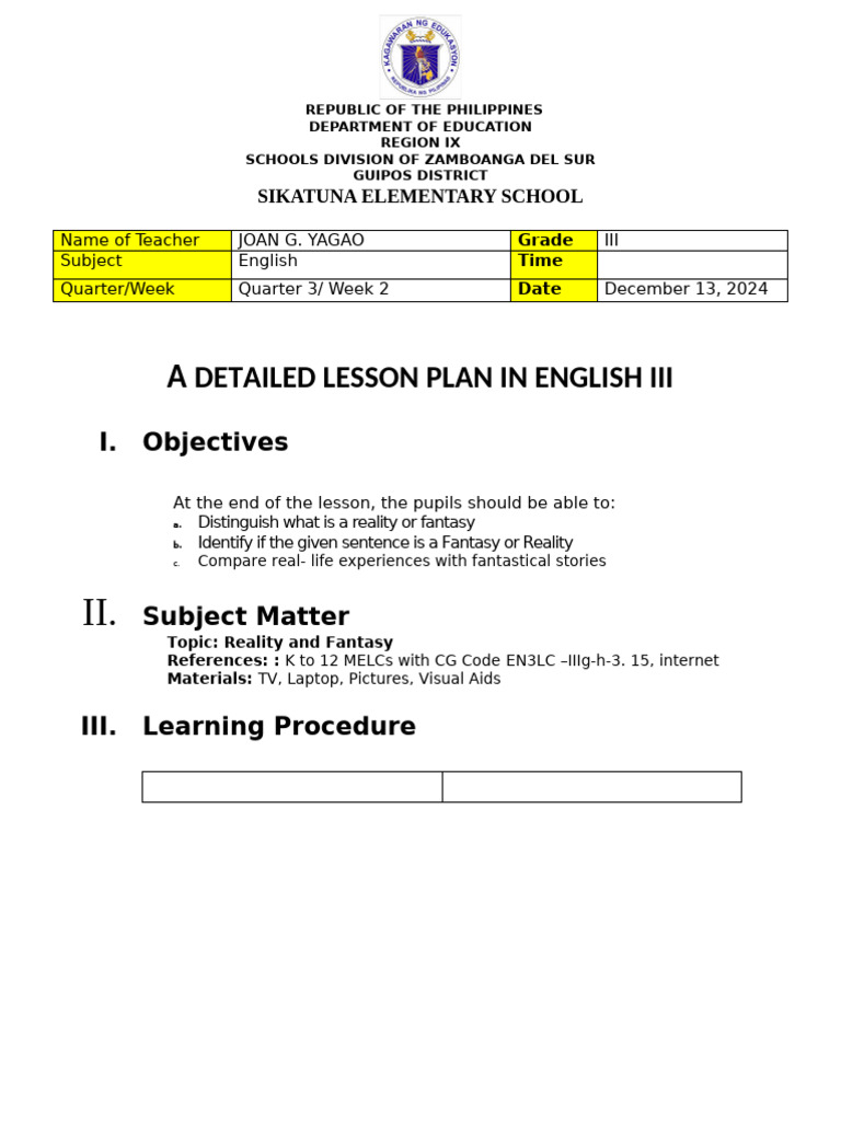 Detailed Lesson Plan Reality Vs Fantasy Pdf