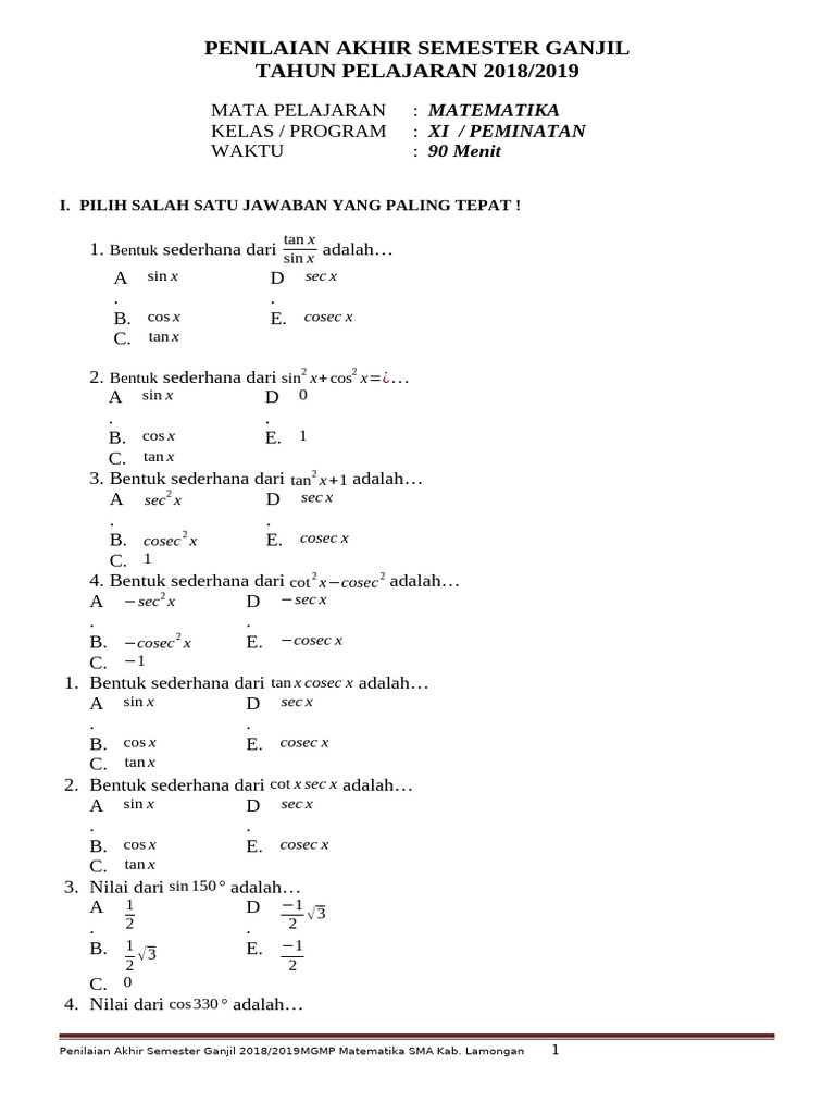 Soal Mtk-xi Peminatan Pas Gjl 18-19 | PDF