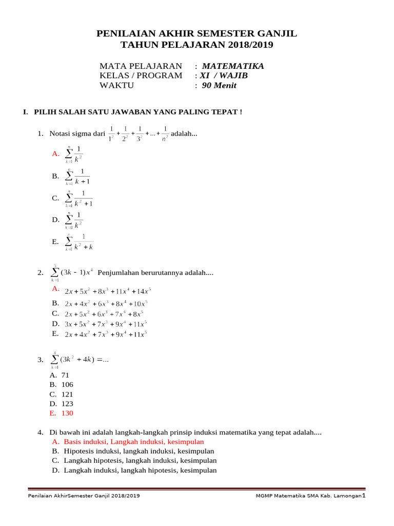 Soal Mtk-Xi Wajib Pas GJL 18-19 | PDF