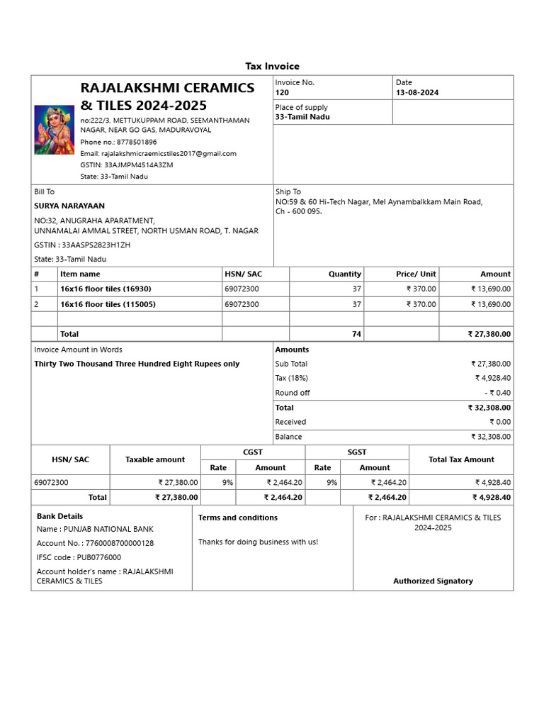 Tax Invoice for Rajalakshmi Ceramics | PDF | Taxation | Public Finance