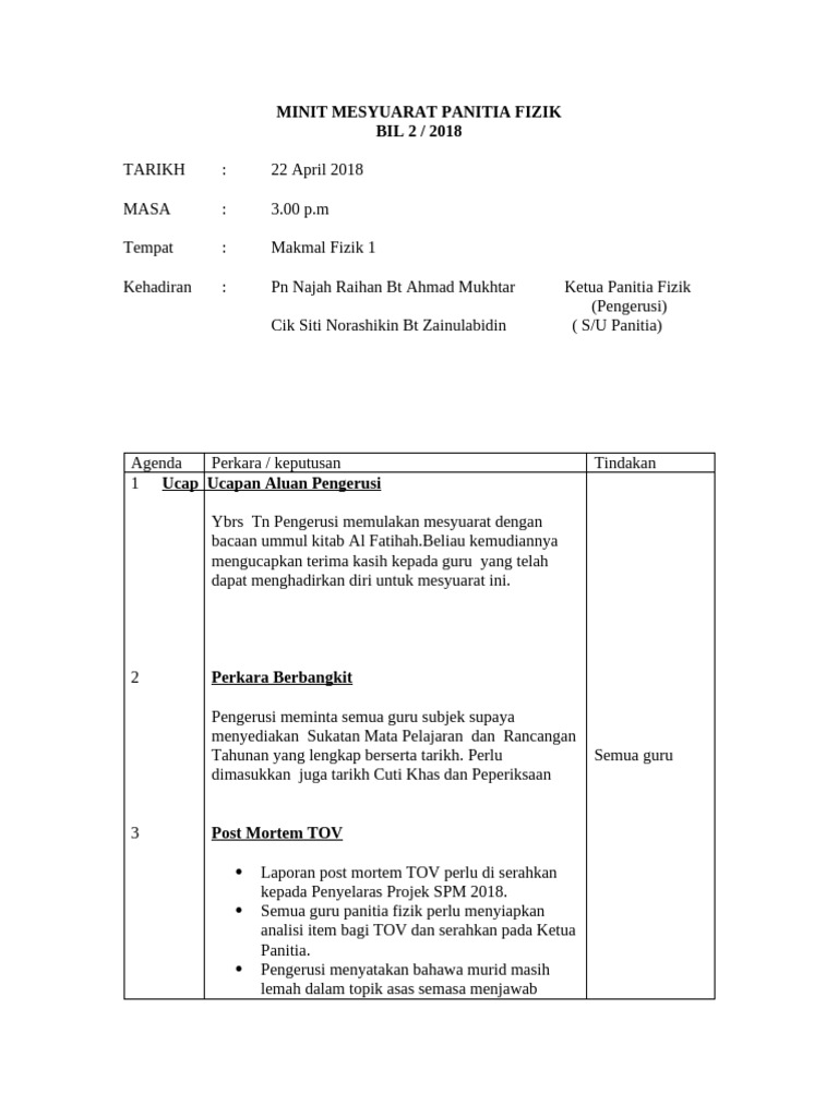 Minit Mesyuarat Panitia Fizik Kali Ke 2 | PDF