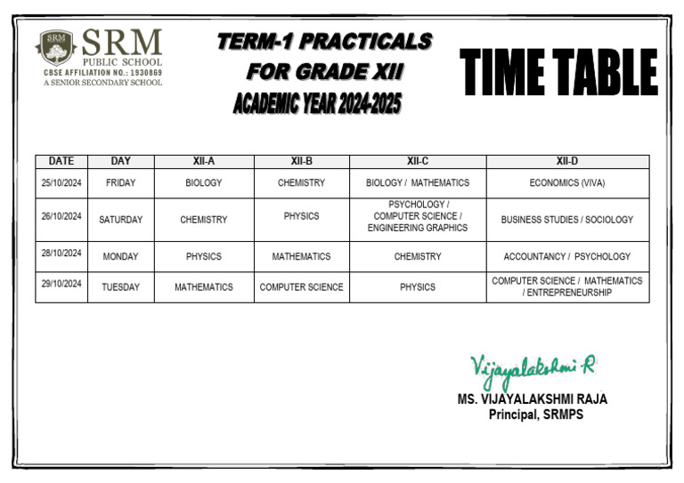 PRACTICAL TERM 1 Time Table Grade X & XII 2024-2025 | PDF