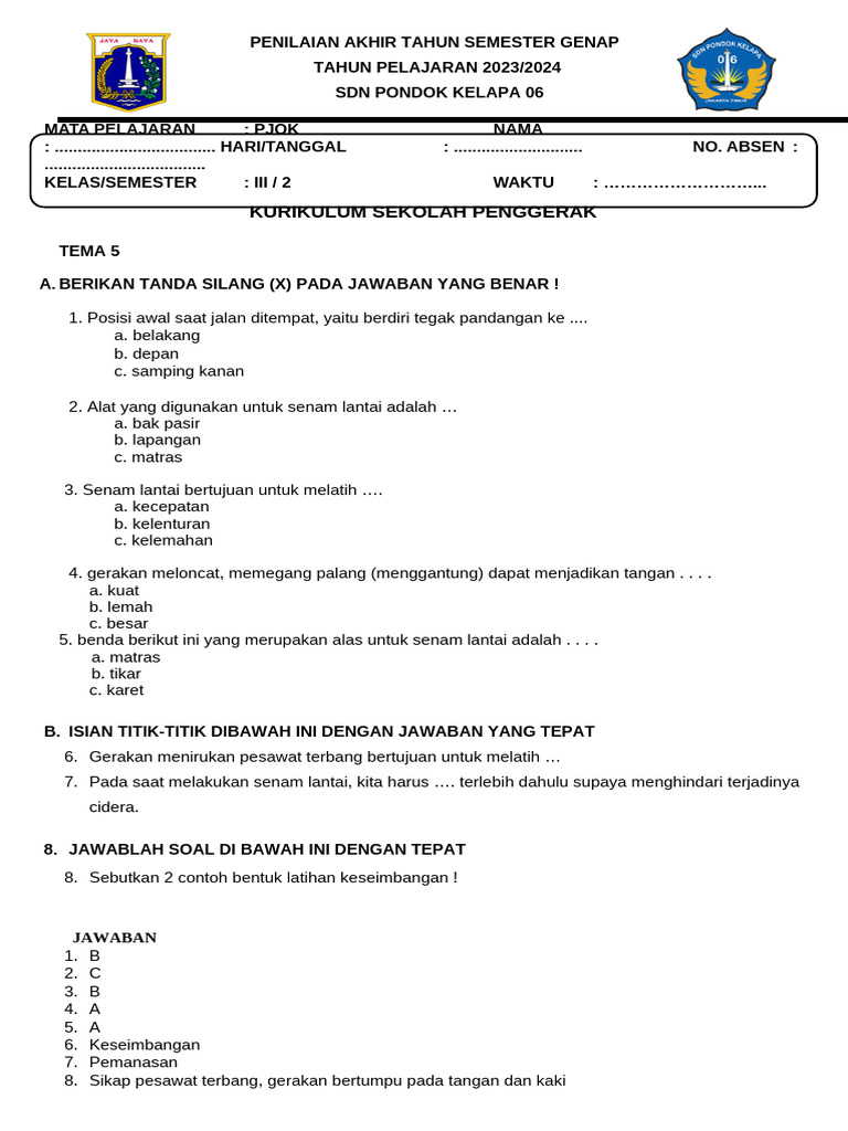 SOAL PAT GENAP PJOK KELAS 3 | PDF