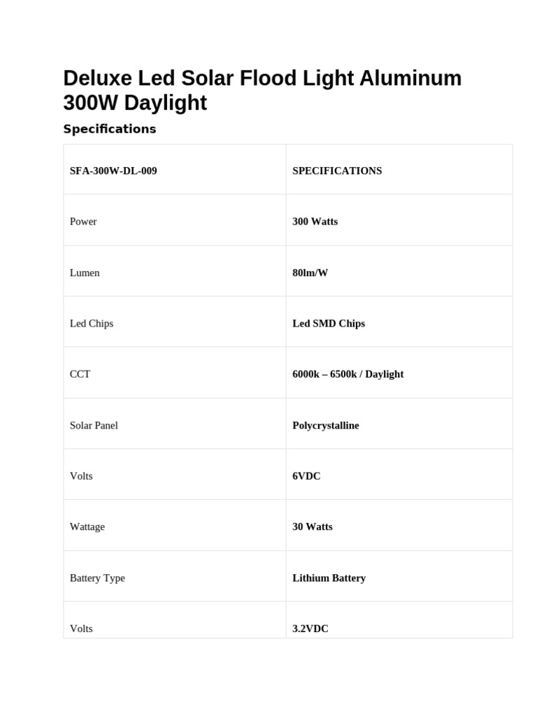 Deluxe Led Solar Flood Light Aluminum 300W Daylight | PDF