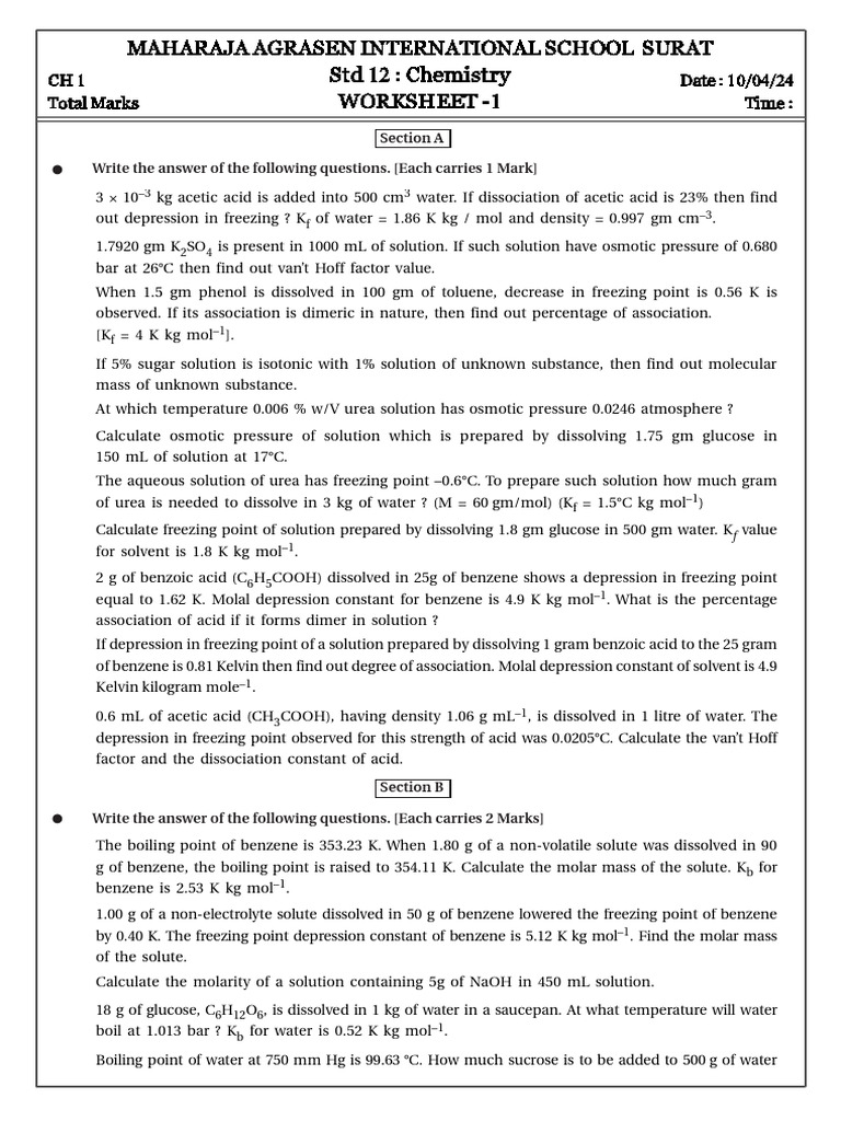 WORKSHEET 1 - D10 Apr 2024 1 2 | PDF | Water | Mole (Unit)