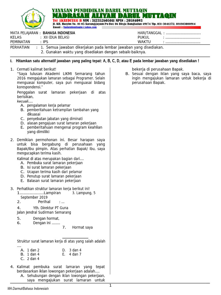 Soal Pas B.indo Kelas Xii | PDF