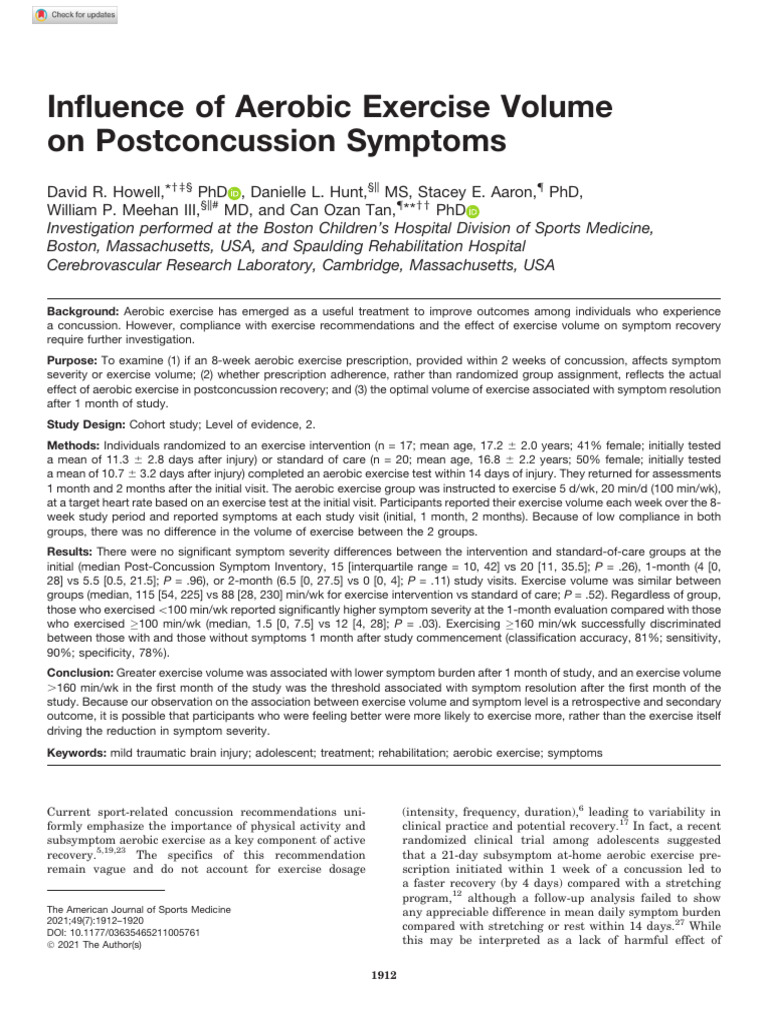 Aerobic Exercise After Concussion | PDF | Concussion | Receiver ...