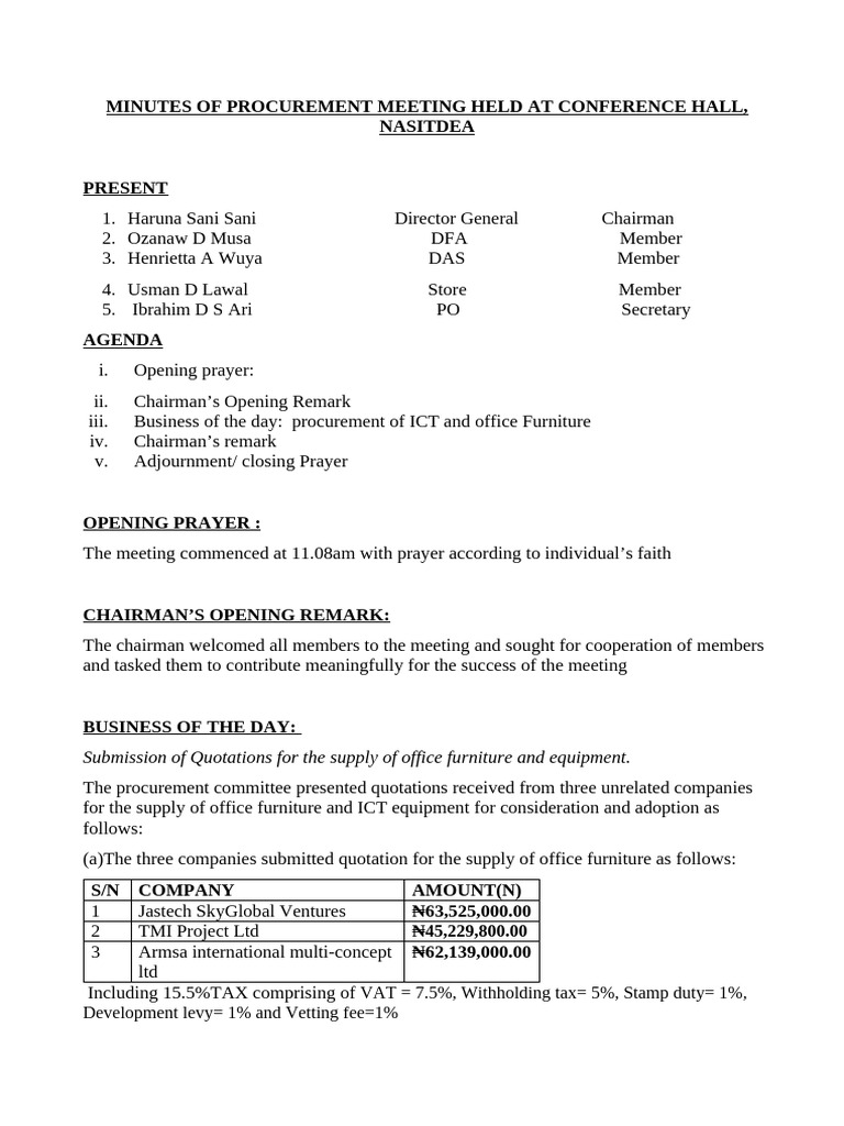 Minutes of Procurement Meeting Held at Conference Hall - 075433 | PDF ...