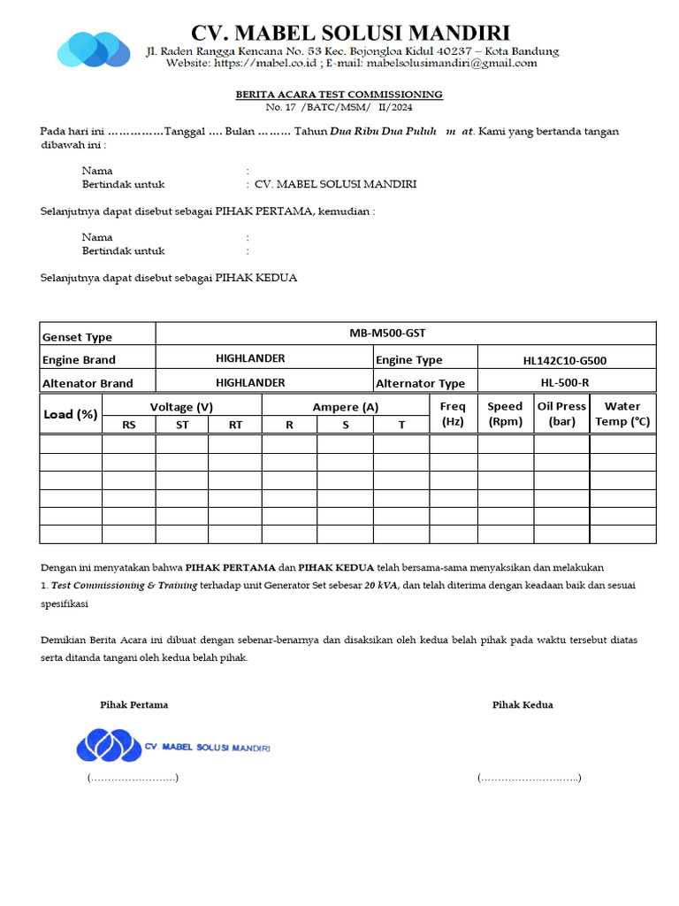 Berita Acara Test Commissioning - CV Mabel | PDF