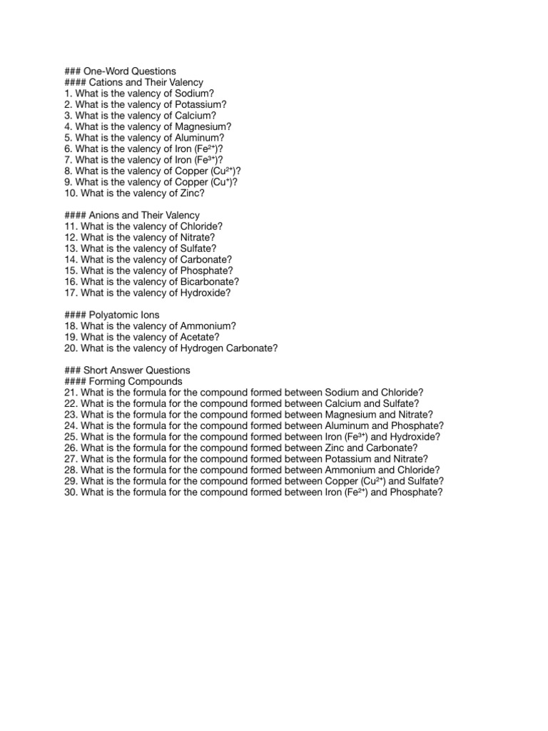 Valency of Common Ions and Compounds | PDF