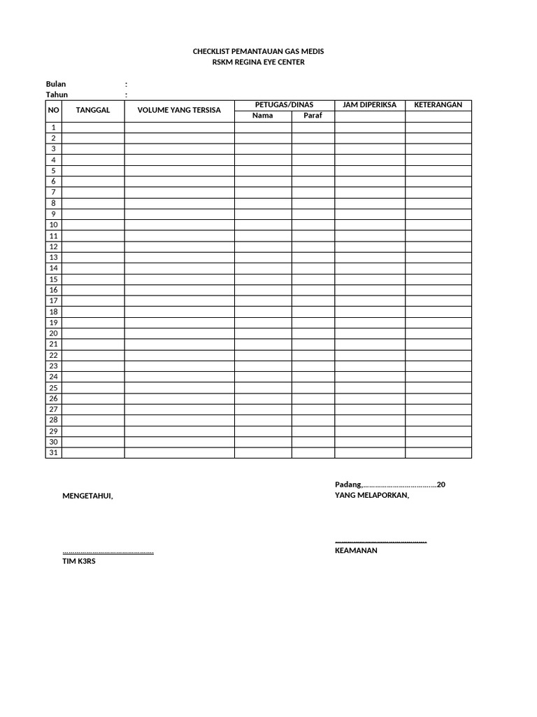 Checklist Pemantauan Gas Medis RSKM | PDF