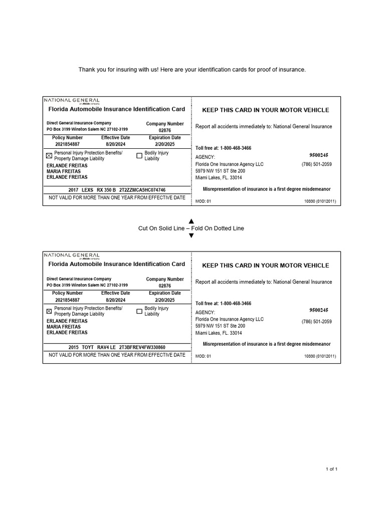 National General Insurance ID Cards | PDF | Insurance | Deductible